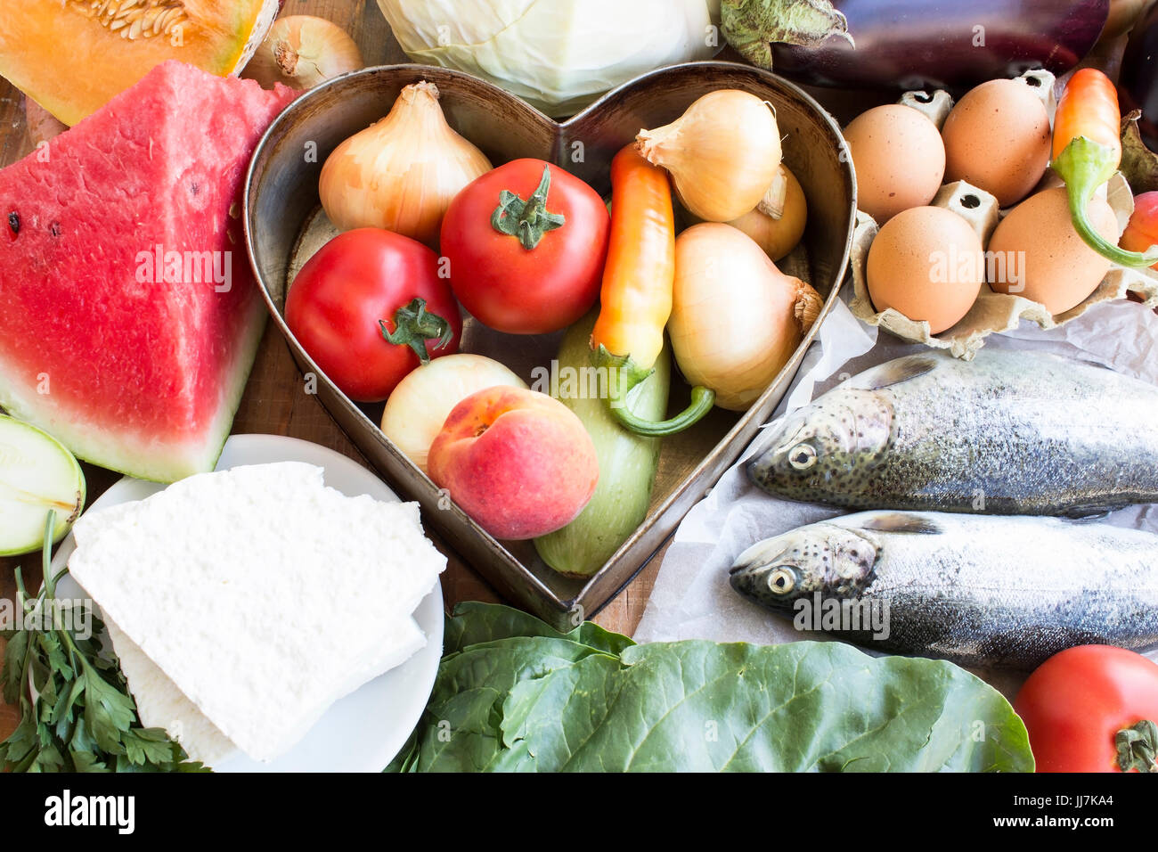 Healthy Food, Fish, Fruits, Vegetables, Eggs and Cheese Stock Photo - Alamy