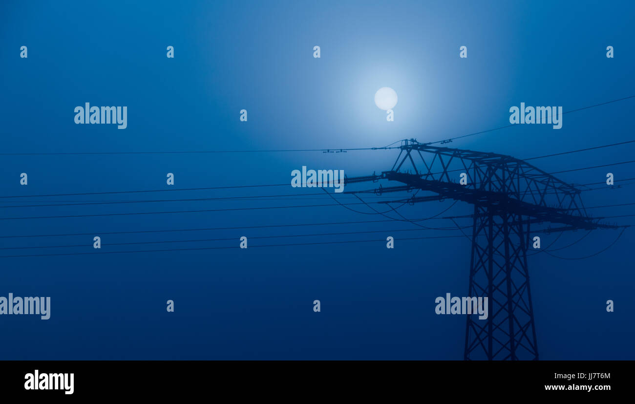 Power line at night and moon Stock Photo - Alamy