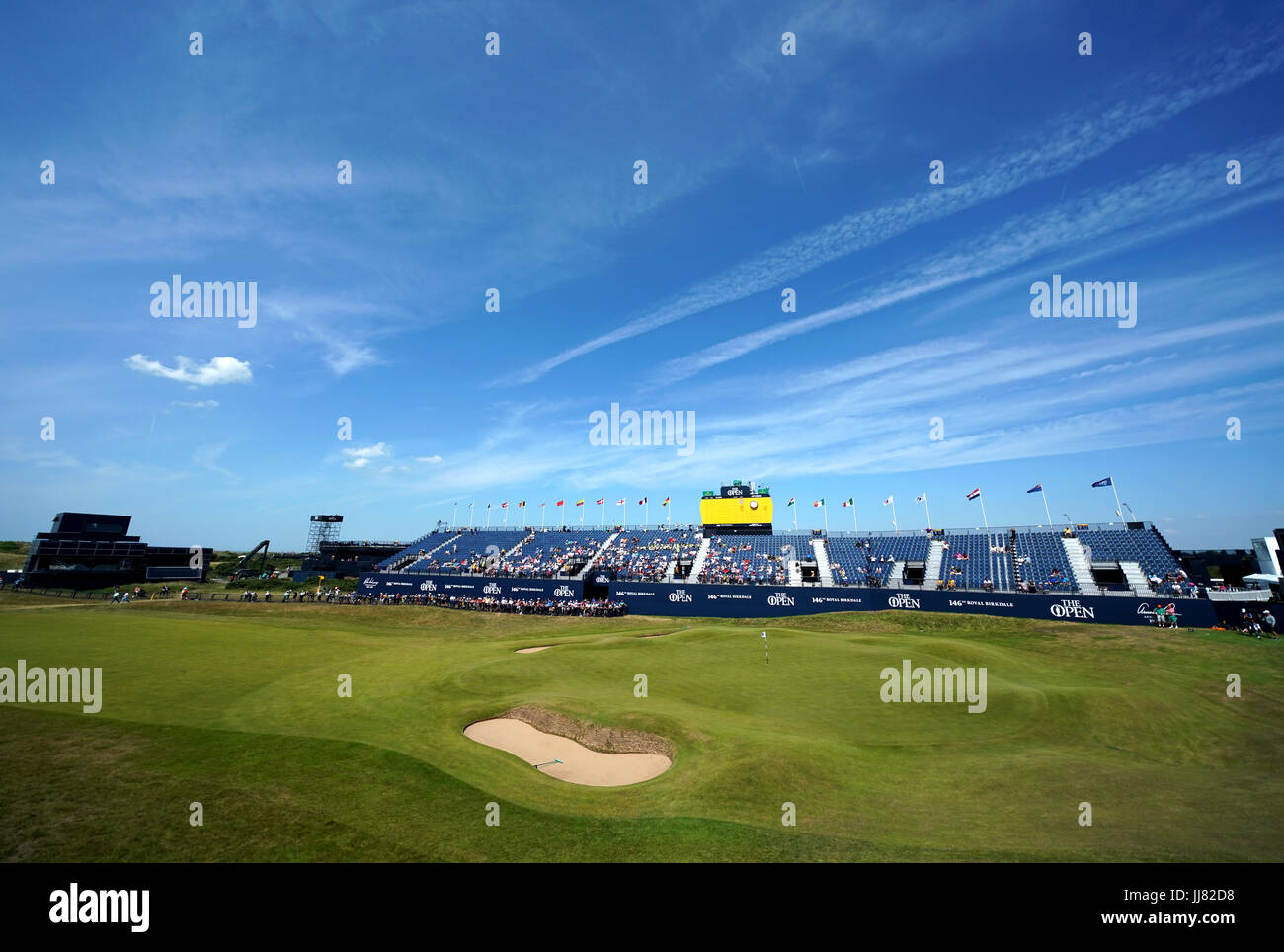 General view of the grandstand at the 18th green during practice day ...