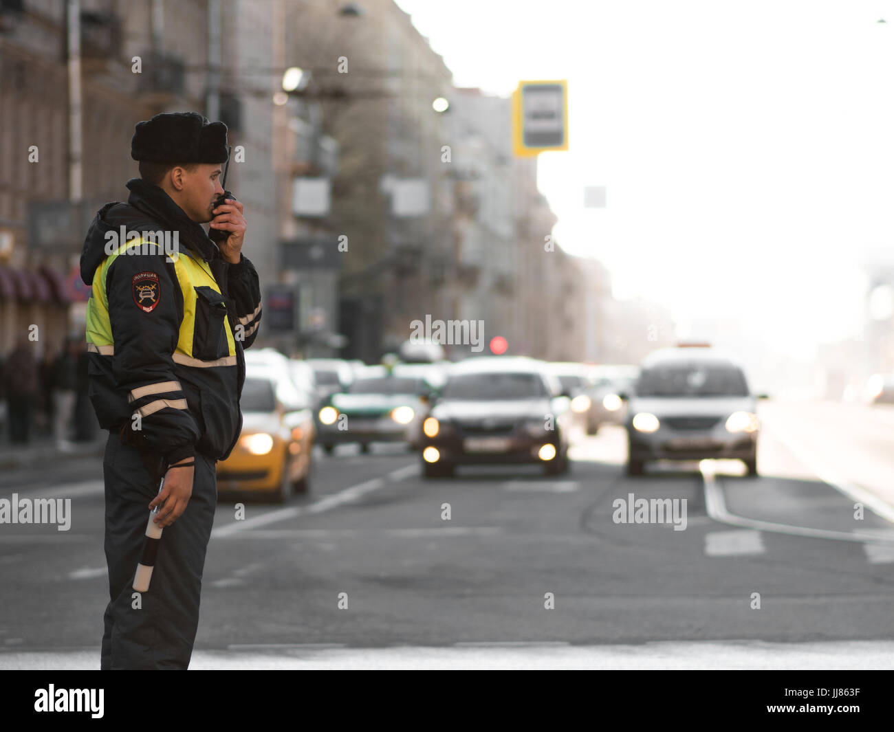 SAINT PETERSBURG, RUSSIA - APRIL 06, 2017: The employee of road patrol ...