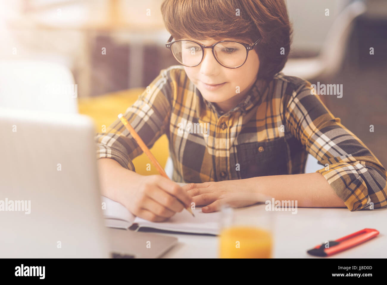 Cute clever boy doing his school assignment Stock Photo - Alamy