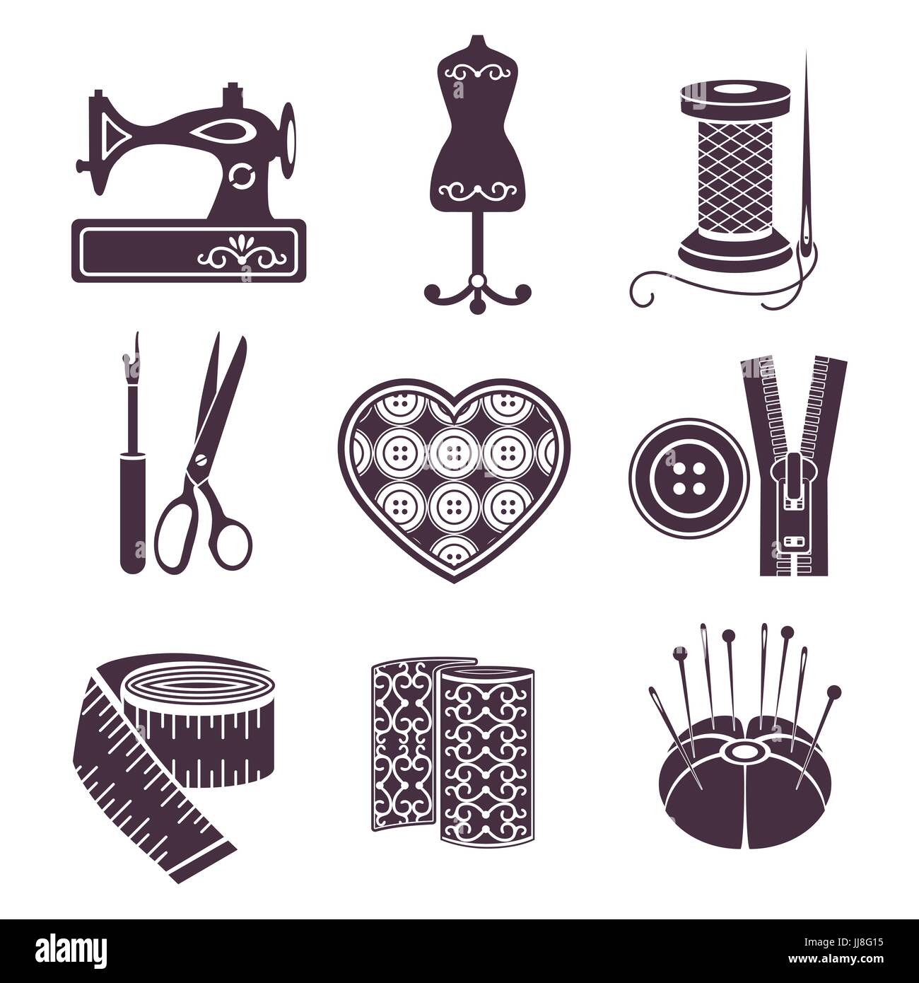 Set of vector icons sewing tools. Purple sewing supplies isolated on ...