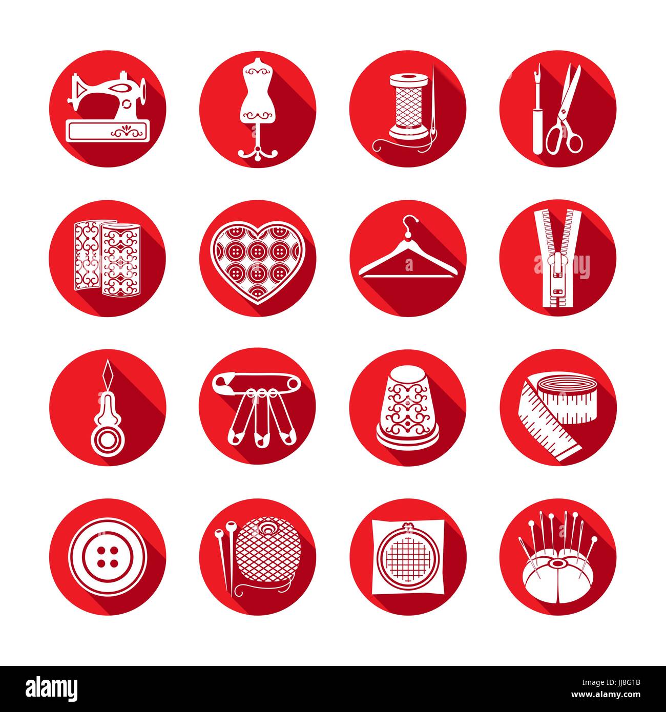 Set of vector icons sewing tools. White sewing supplies in a round red ...