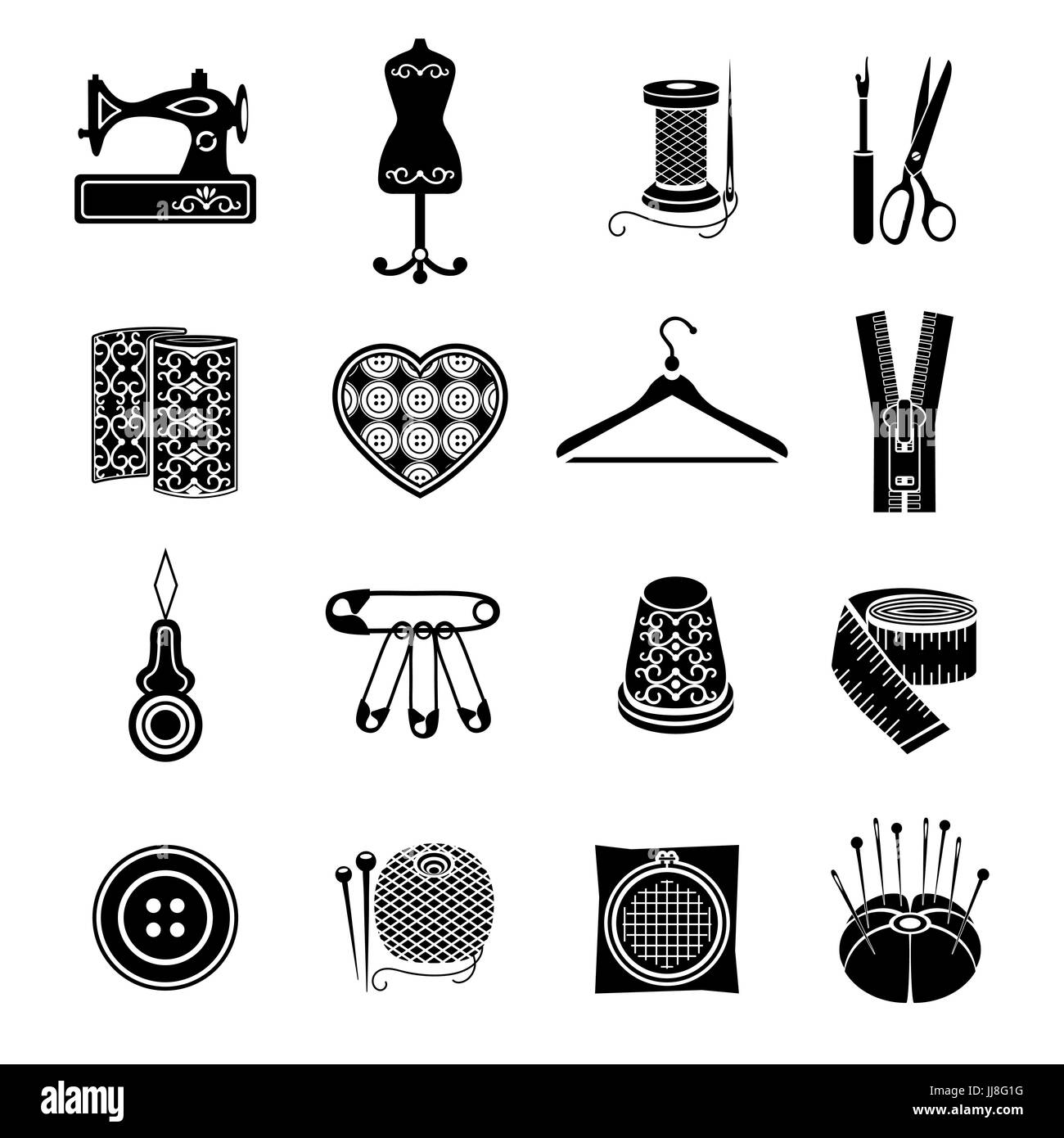 Set Of Vector Icons Sewing Tools Black Sewing Supplies Isolated On
