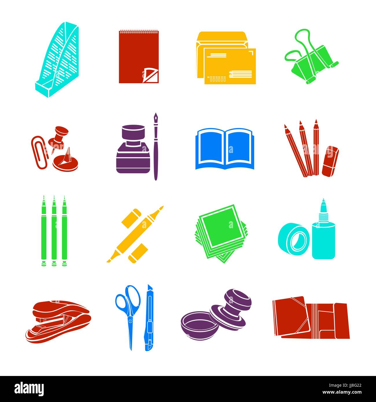 Stationery set of vector icons. Colorful flat office tools isolated ...