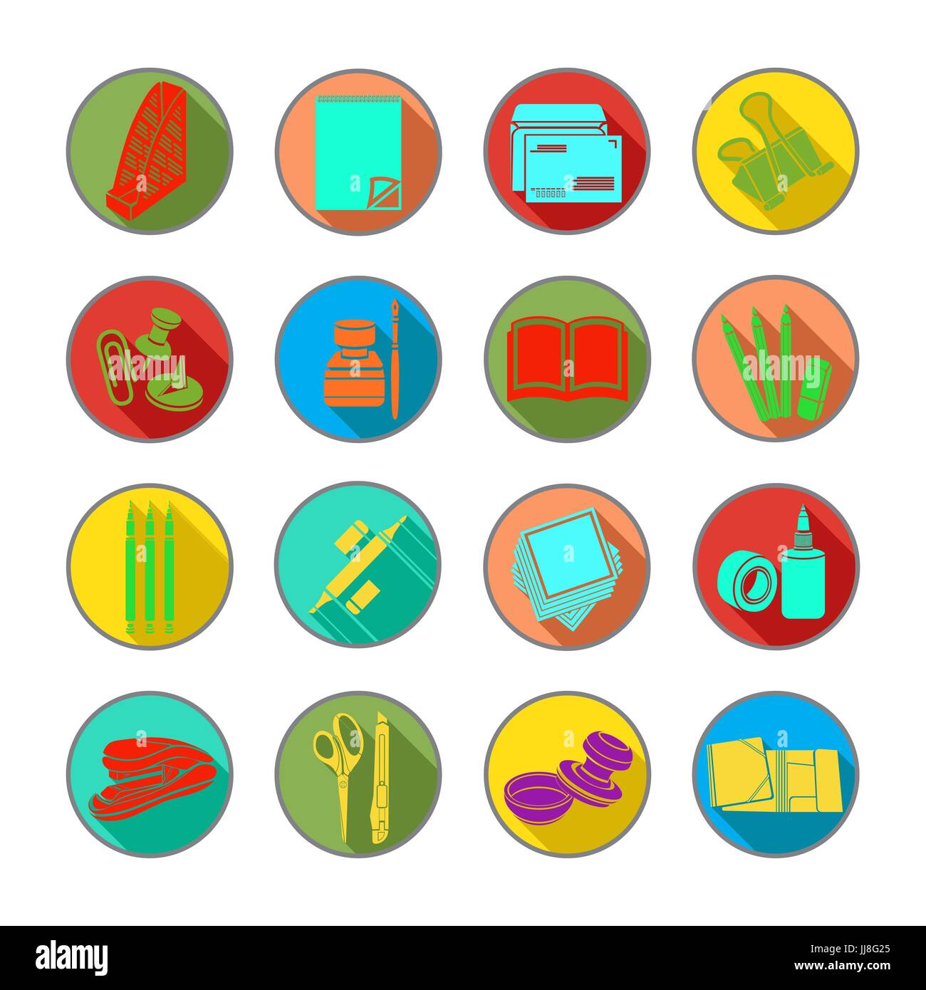 Stationery set of vector flat icons. Multicolor office tools in a round ...