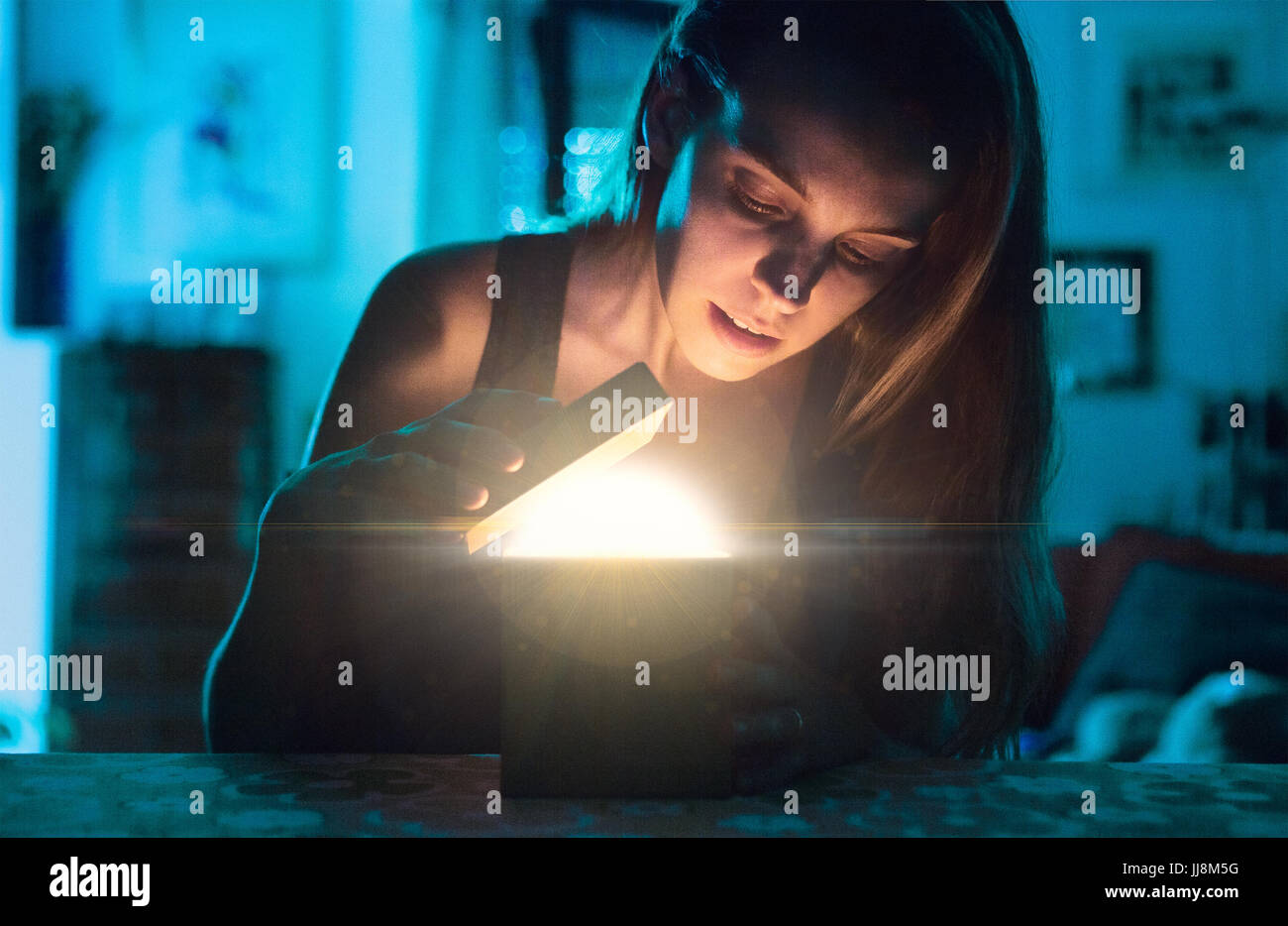 Woman open gift box, present, surprise Stock Photo - Alamy