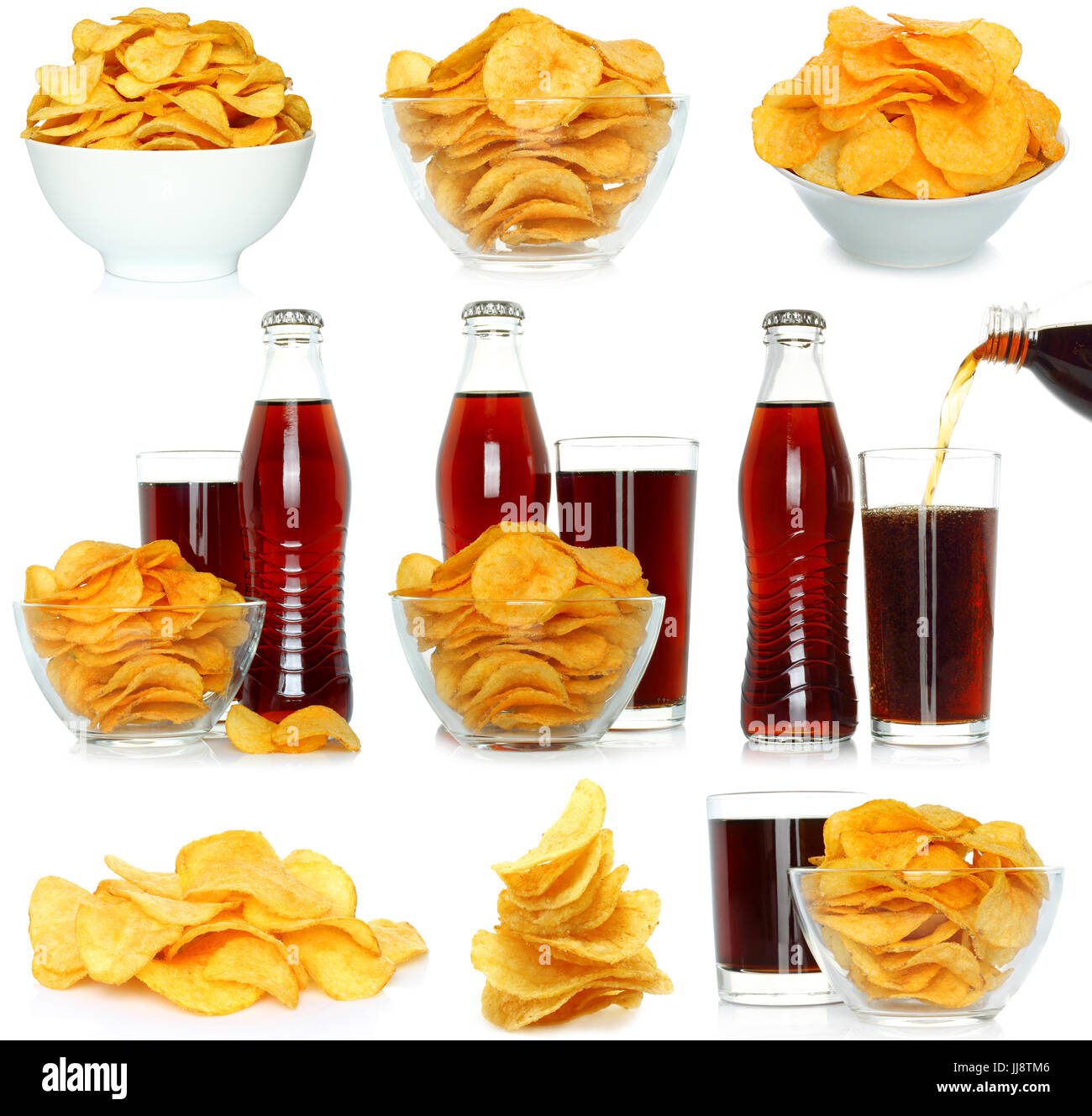 Set of potato chips and cola beverage on white background Stock Photo ...