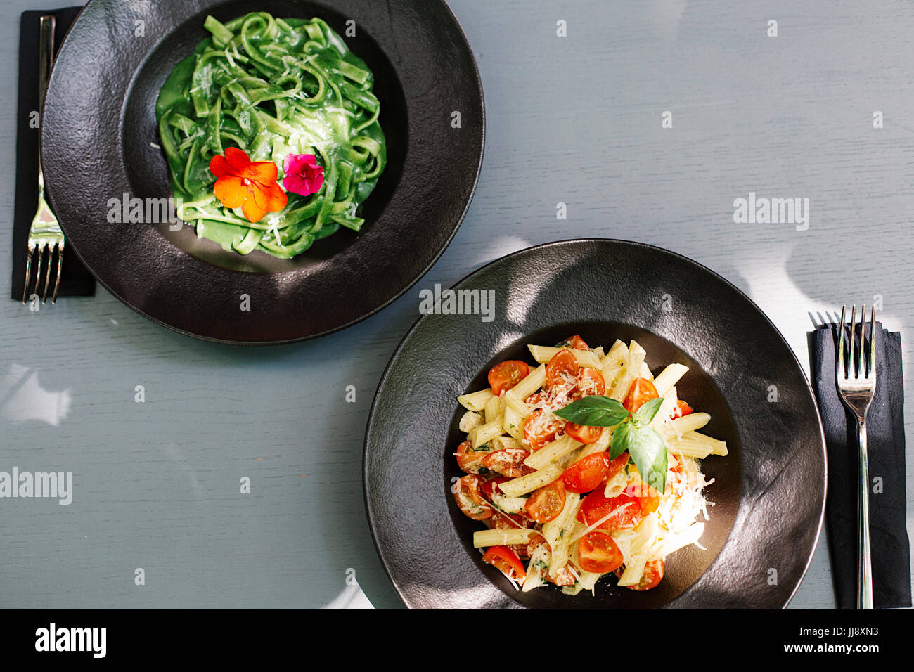 Pasta meals viewed from above Stock Photo - Alamy