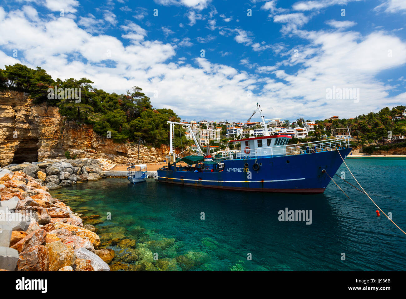 Harbour in Patitiri village on Alonissos island in Greece Stock Photo ...
