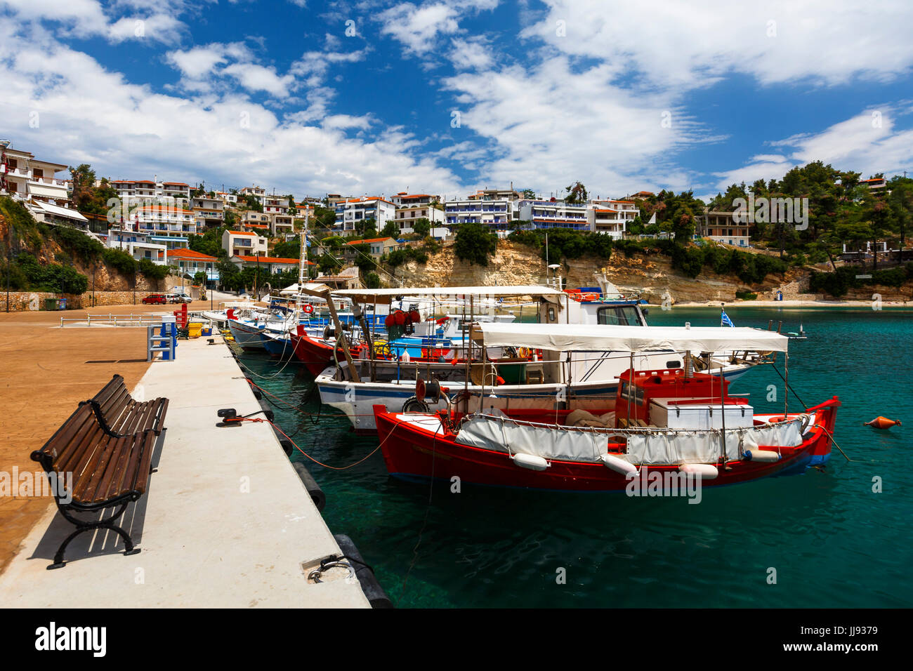 Harbour in Patitiri village on Alonissos island in Greece Stock Photo ...