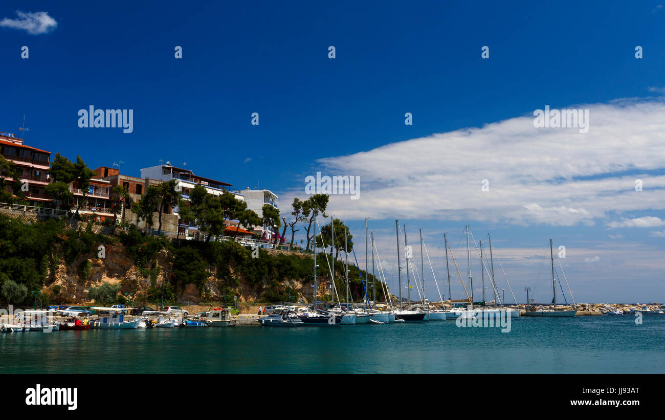 Harbour in Patitiri village on Alonissos island in Greece Stock Photo ...