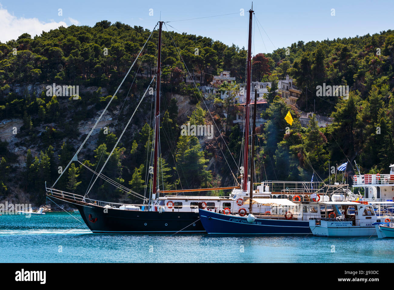 Harbour in Patitiri village on Alonissos island in Greece Stock Photo ...