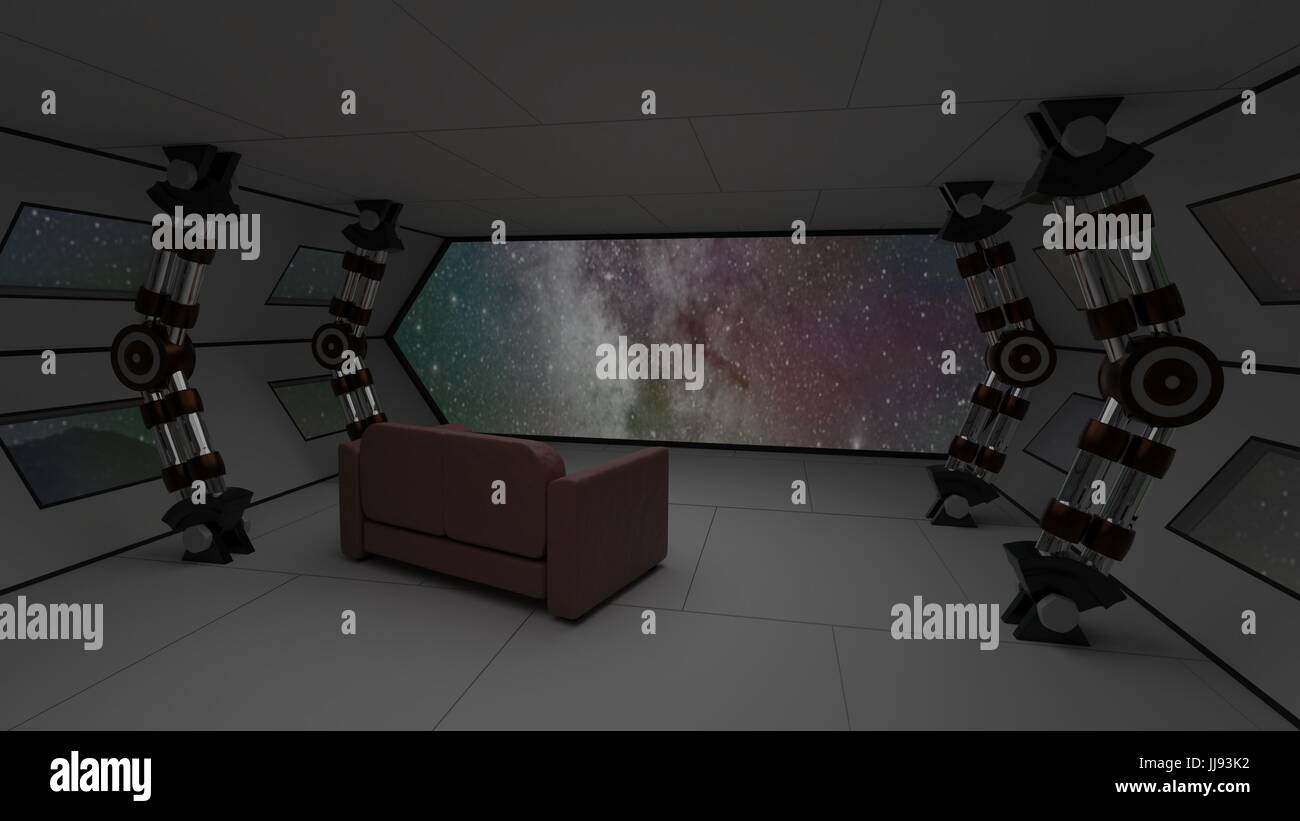 Spaceship interior with relax sofa view on space and distant planets ...