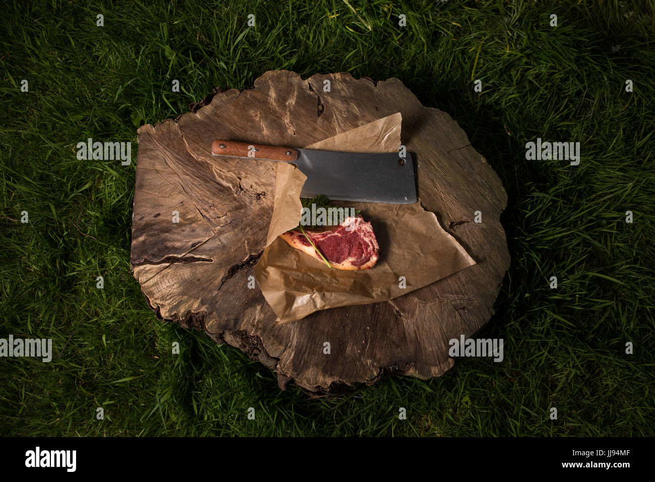 Raw Red Meat On A Tree Stump in a Field. Dramatic Strobe Lighting Stock ...