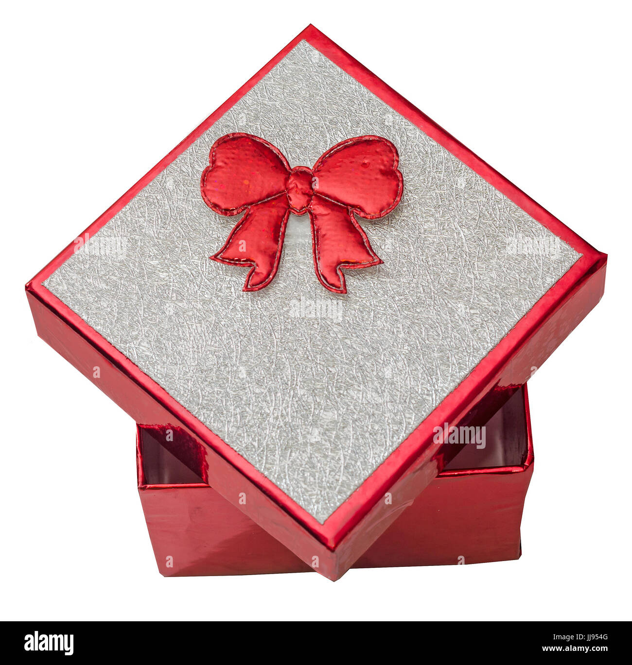Red gift box with shinny silver cover and red bow, close up, isolated ...