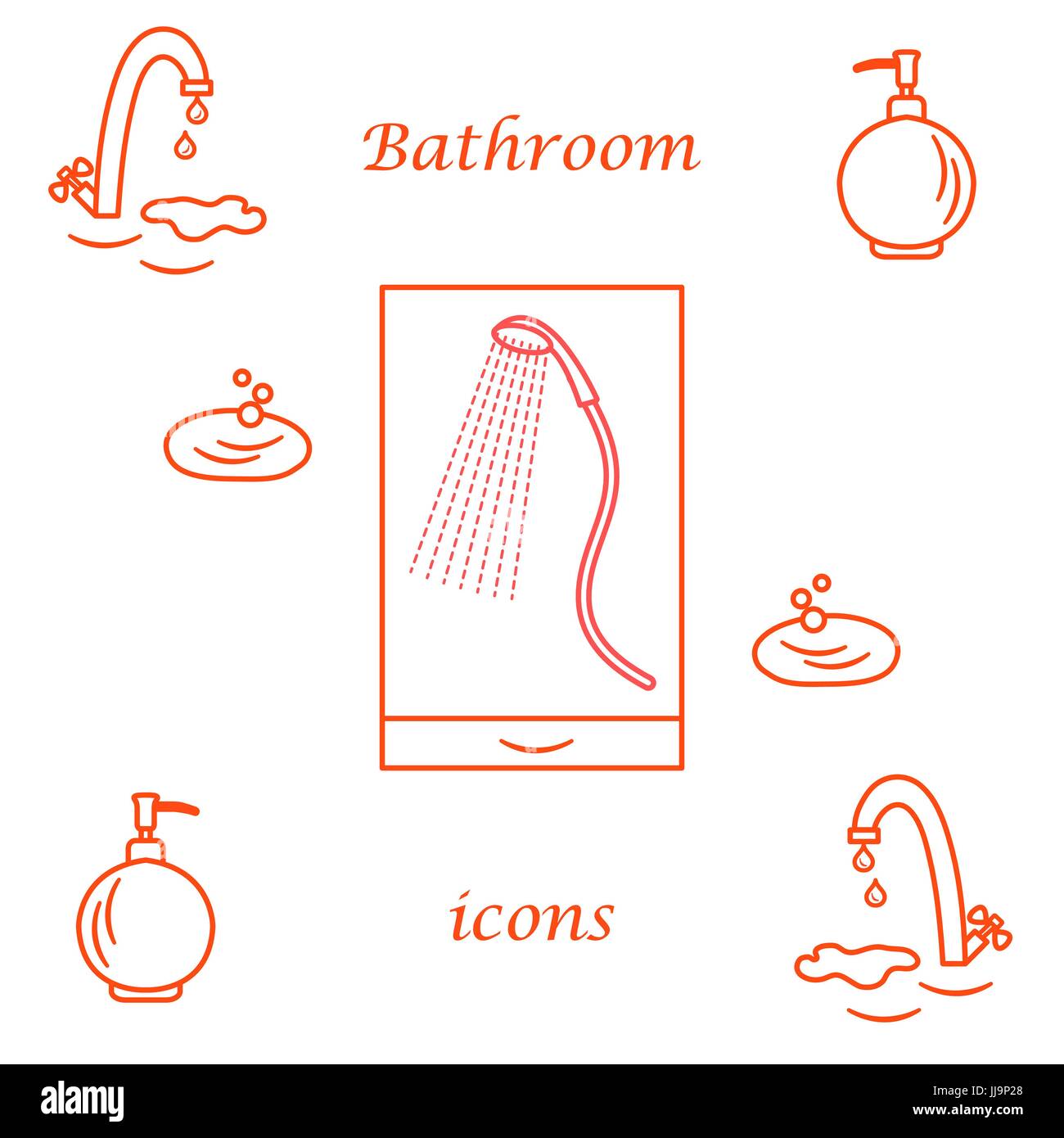 Set of vector illustrations of variety bathroom elements: faucet ...