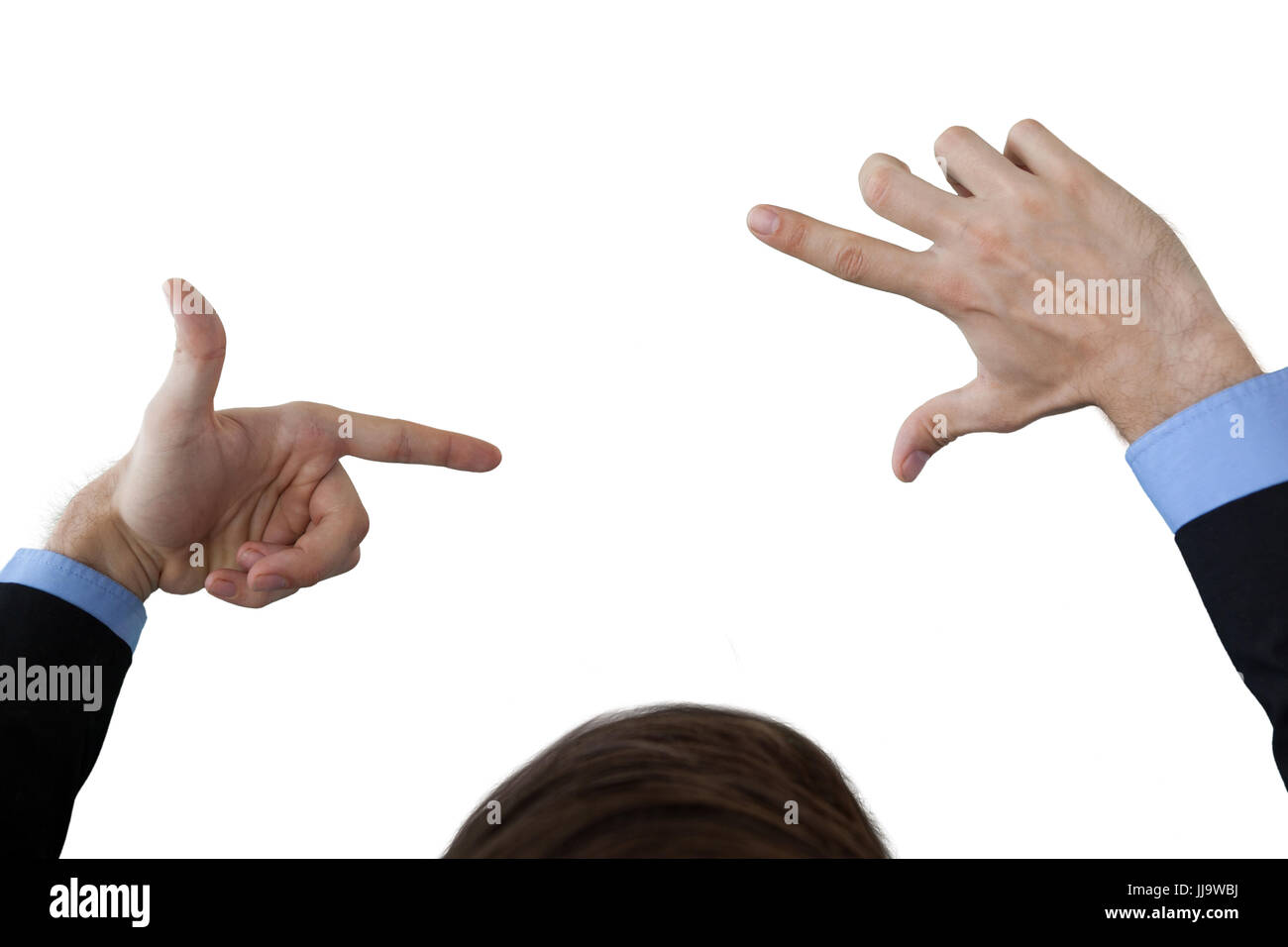 Cropped image of businessman doing finger frame gesture against white ...