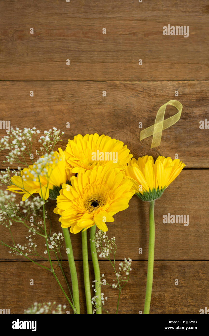Overhead view of yellow Sarcoma Awareness ribbon by flowers on wooden ...