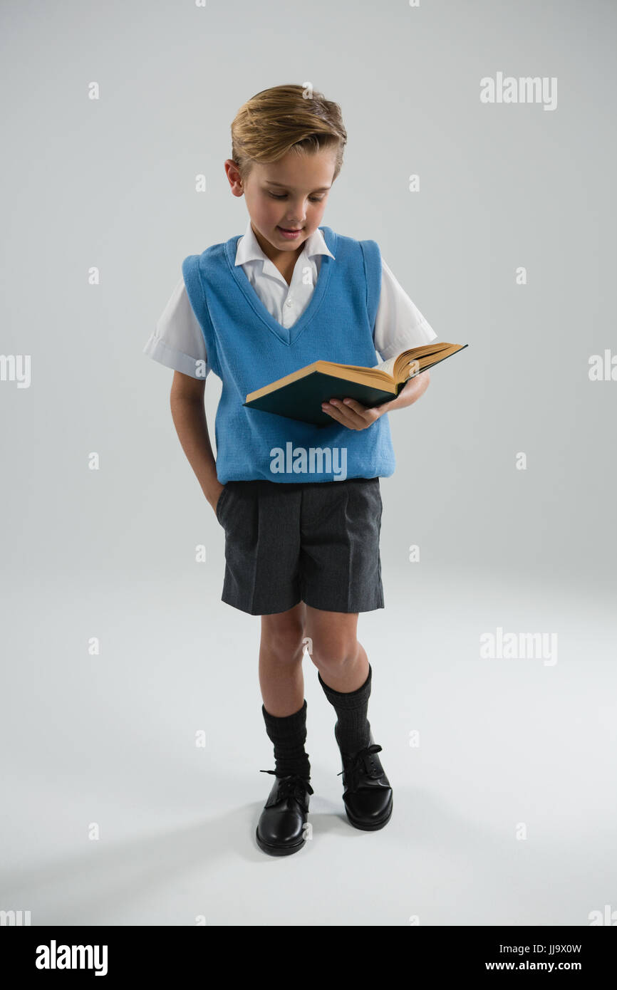 Schoolboy reading book against white background Stock Photo - Alamy