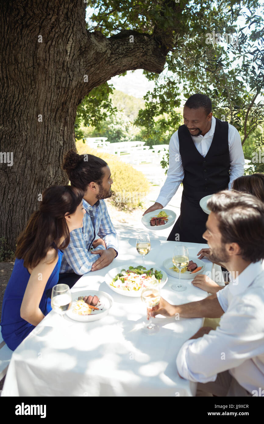 Waiter serving food to customers in restaurant Stock Photo - Alamy