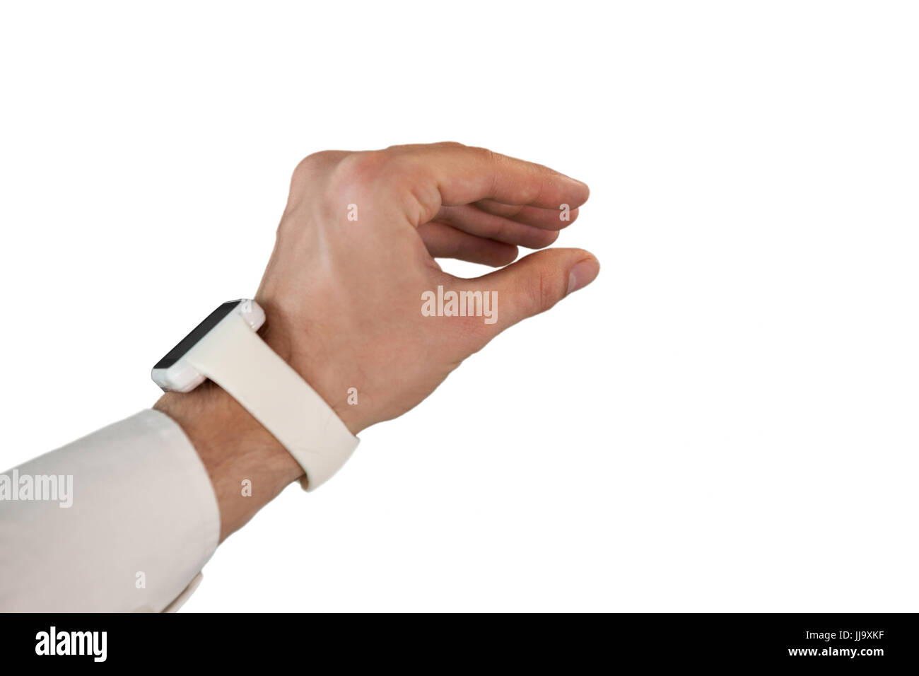 Cropped hand of businessman holding invisible product against white ...