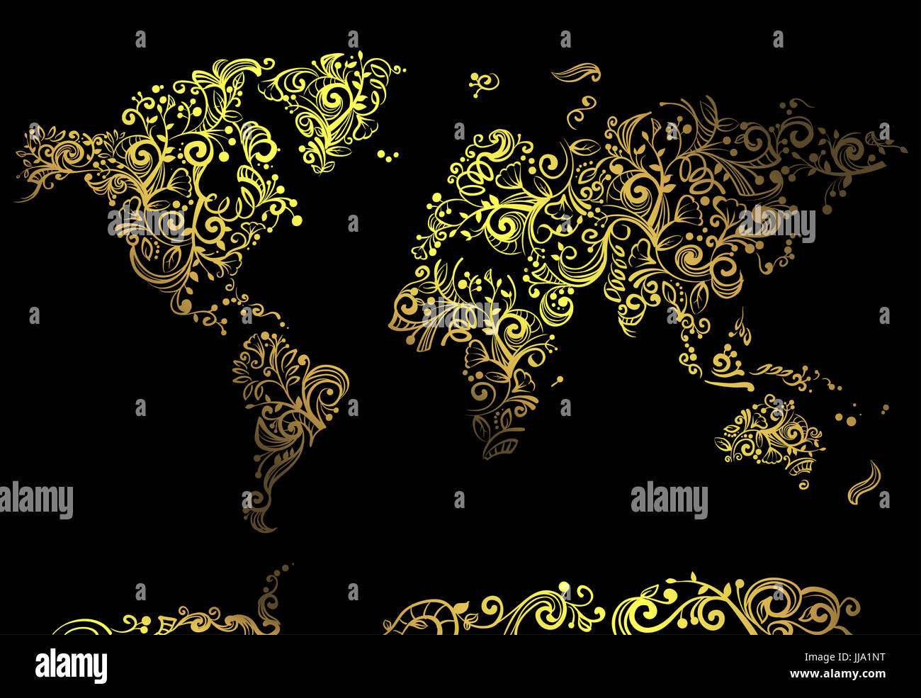 Artsy Illustration Featuring a World Map Made of Artsy Golden Vines Set ...