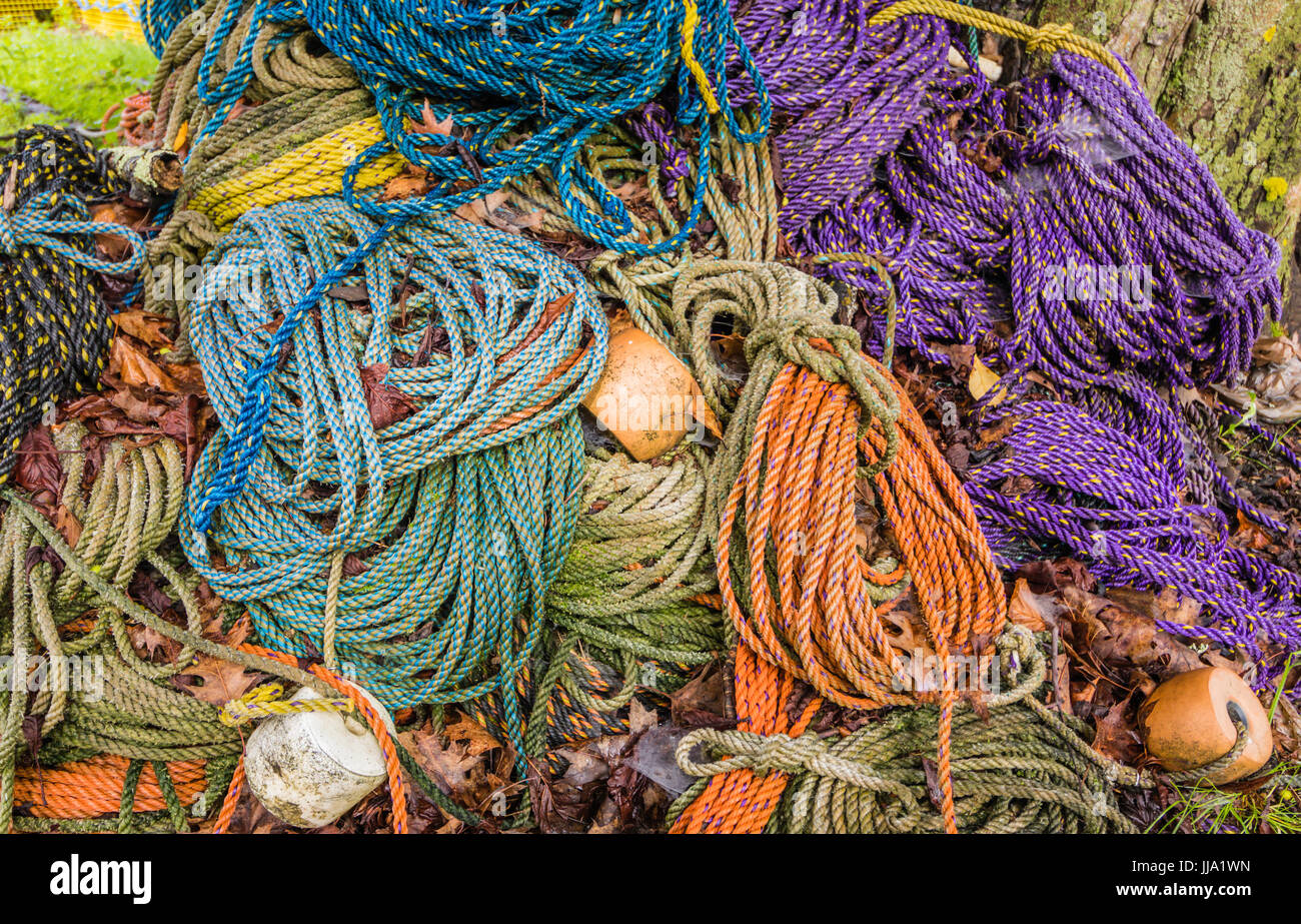 Colorful sink, hydropro and float ropes used for lobster traps sit in a ...