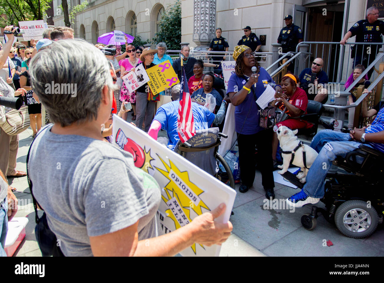 Philadelphia, USA. 18th Jul, 2017. Demonstrators gather outside of the ...