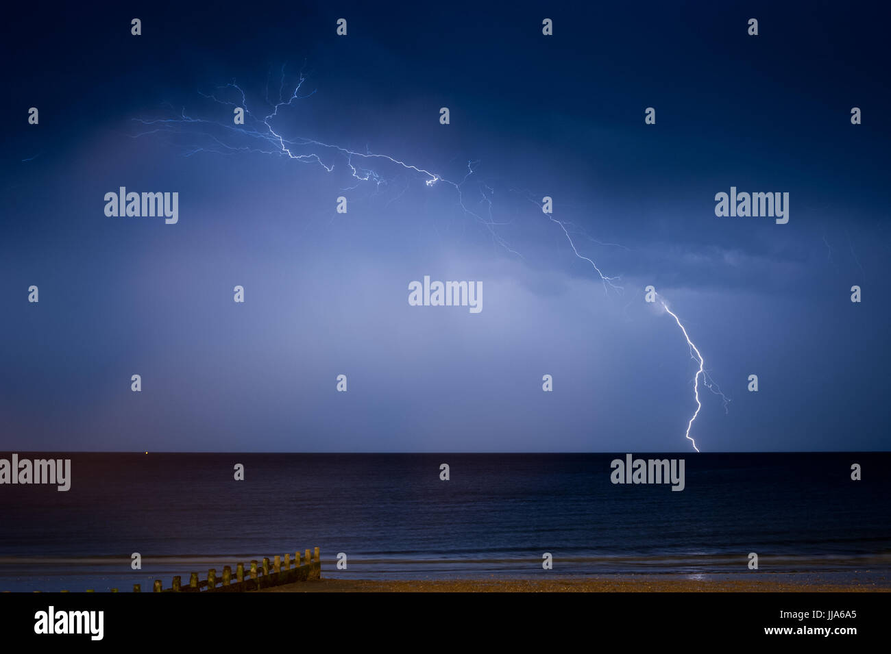 Dramatic lightning over the sea at night in Littlehampton, West Sussex ...