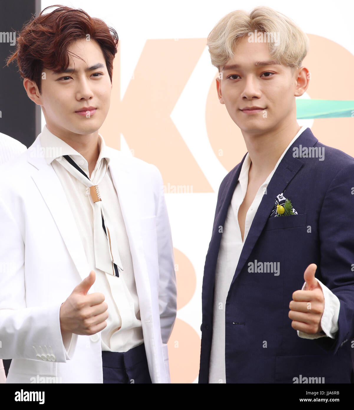 S. Korean boy group EXO Suho (L) and Chen, members of South Korean boy ...