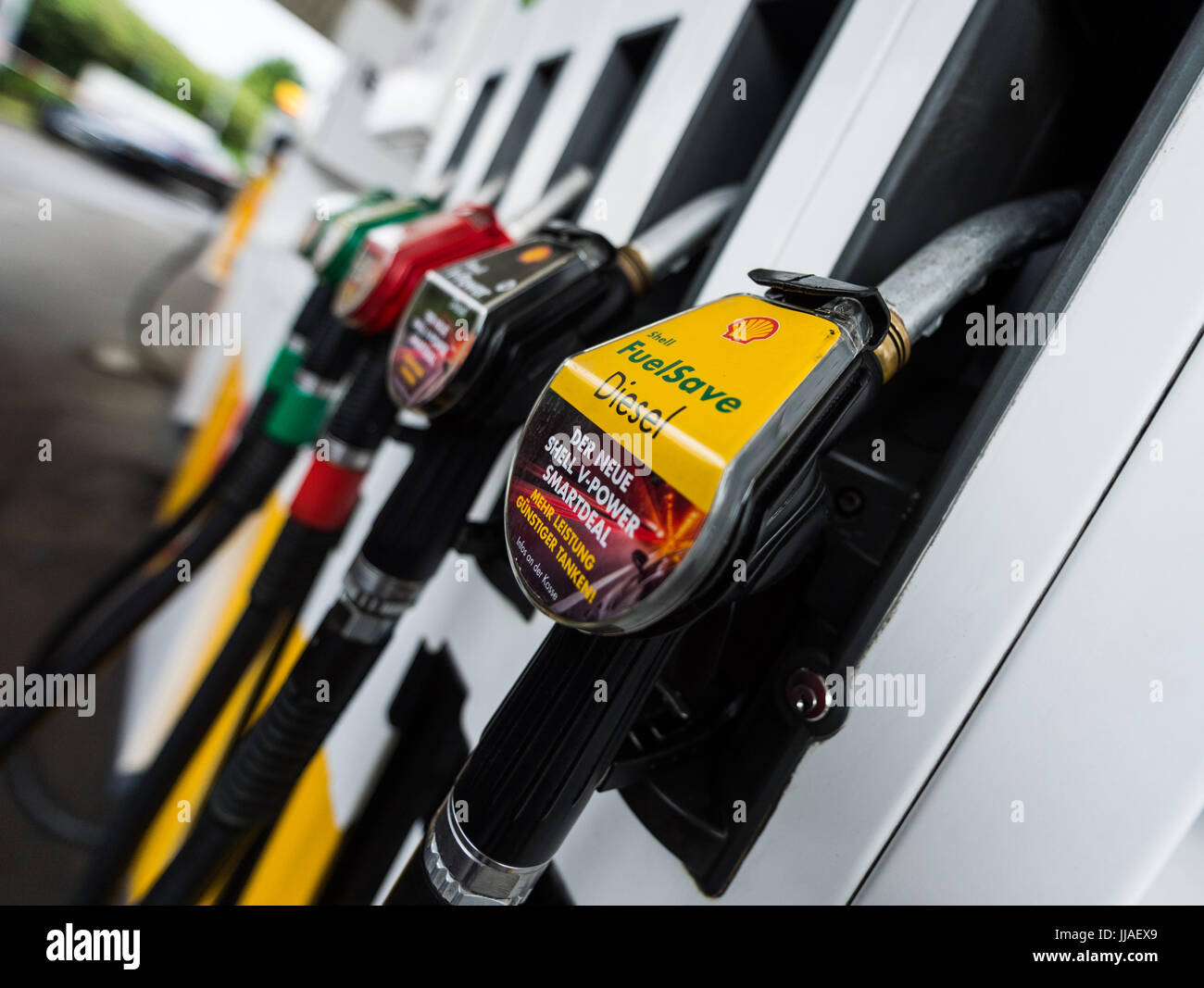 A petrol pump can be seen at a Shell petrol station in Hamburg, Germany ...