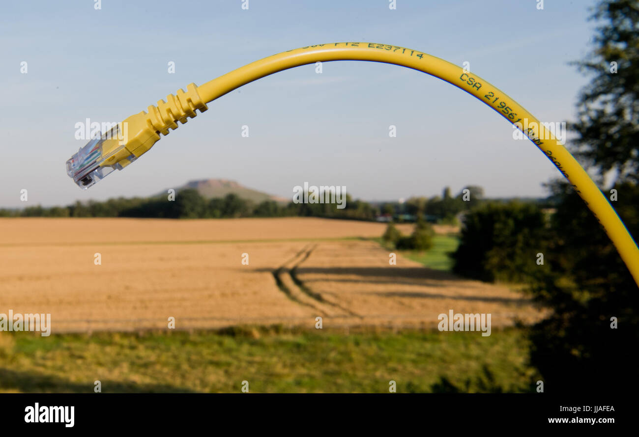 ILLUSTRATION - A network cable of a DSL-Router is being held in front ...