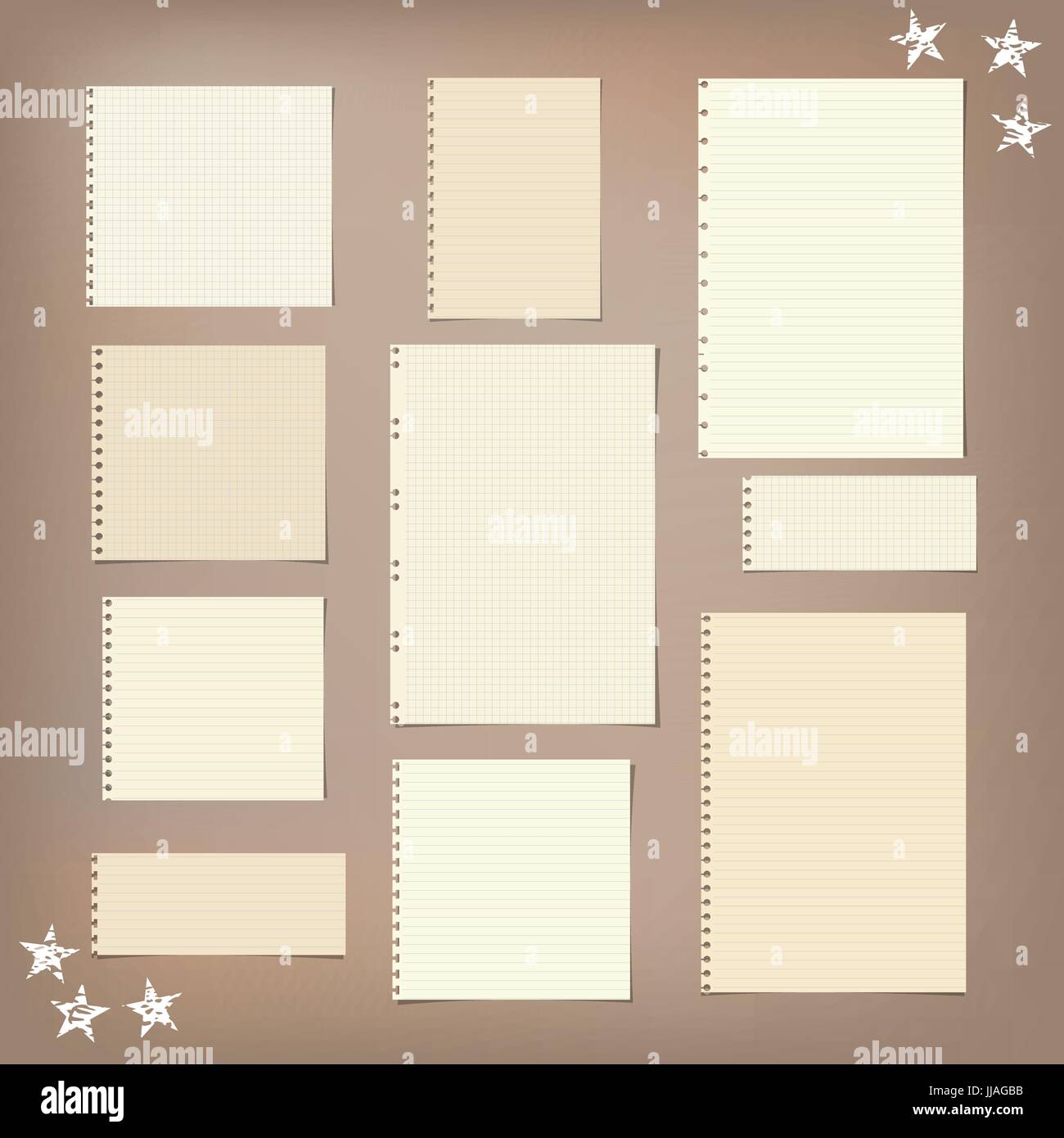 Ruled, striped, squared note, notebook, copybook paper sheets and stars ...