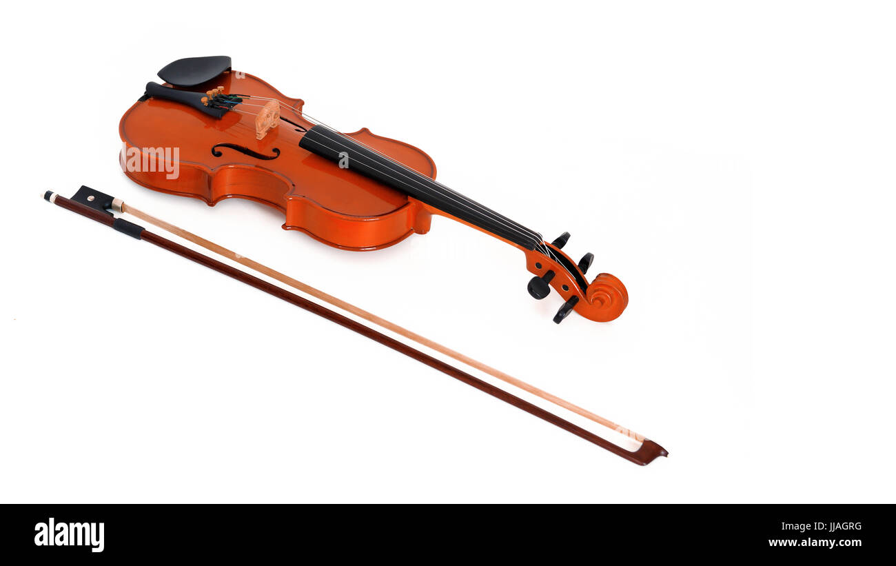 Violin and bow isolated against a white background. Diagonal position ...