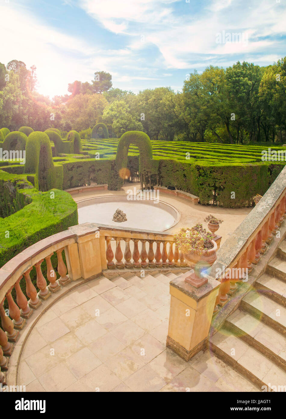 view of green cypress maze in Labyrinth Park of Horta from balcony on ...