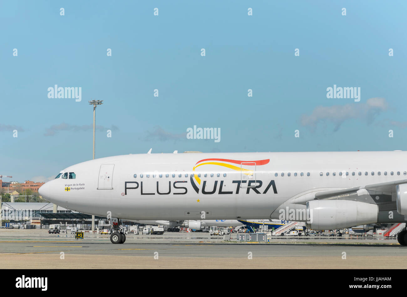 Aircraft Airbus A340 of Plus Ultra Lineas Aereas airline, is arriving ...