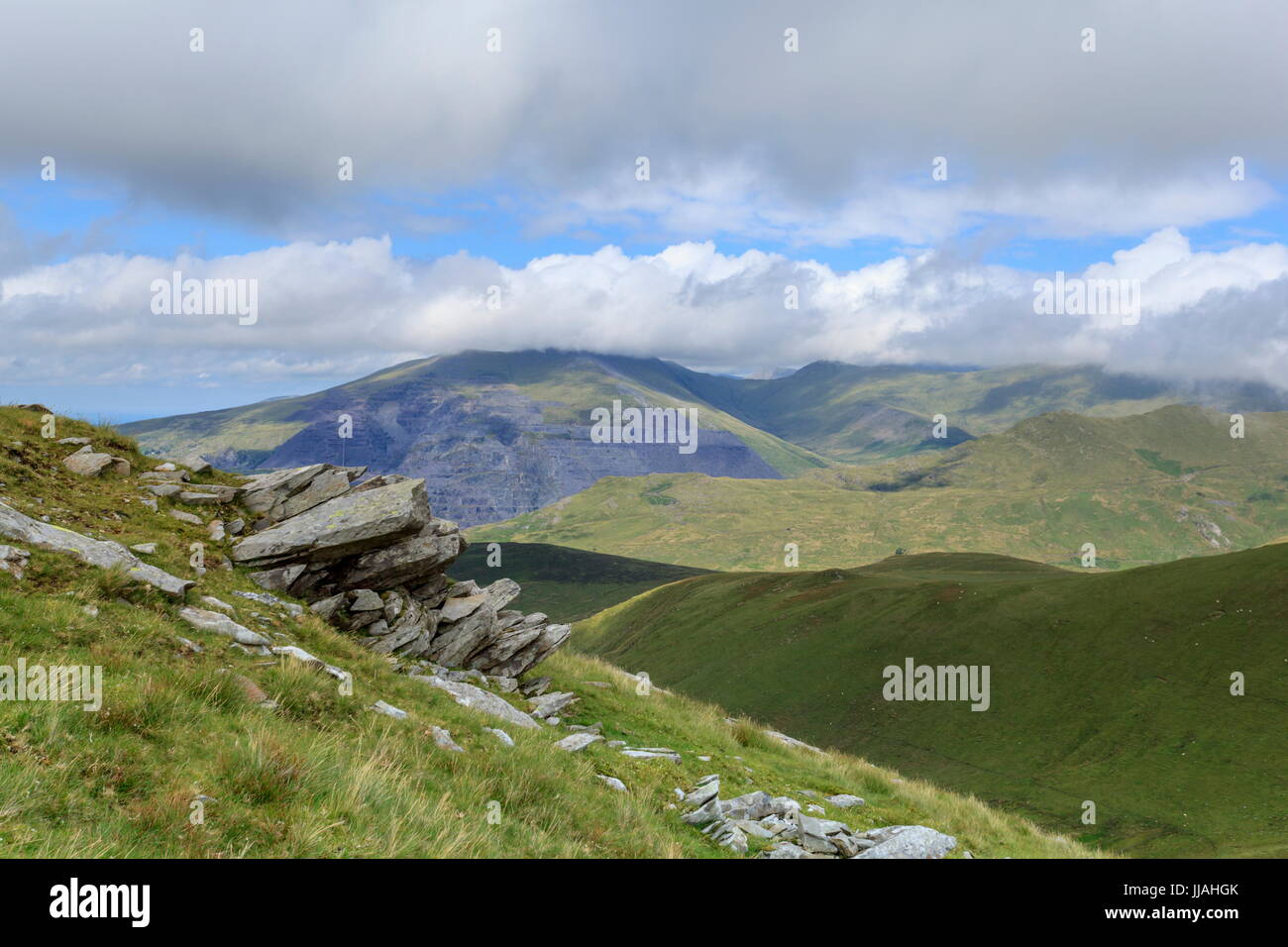 A cloud covered Elidir Fawr stands above Dinorwic slate quarry. Seen ...