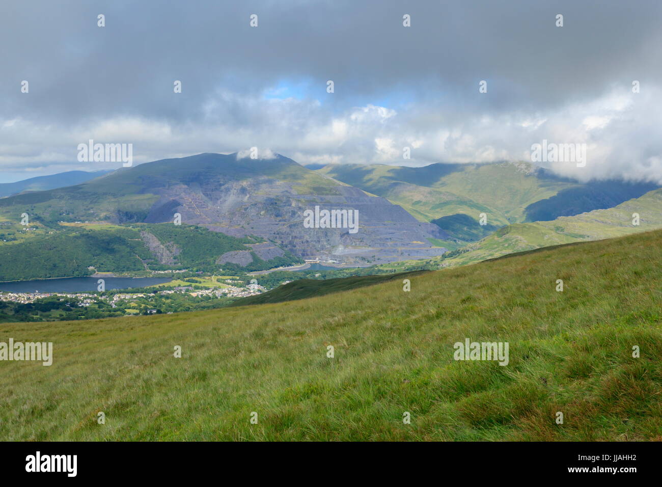 A cloud covered Elidir Fawr stands above Dinorwic slate quarry and ...