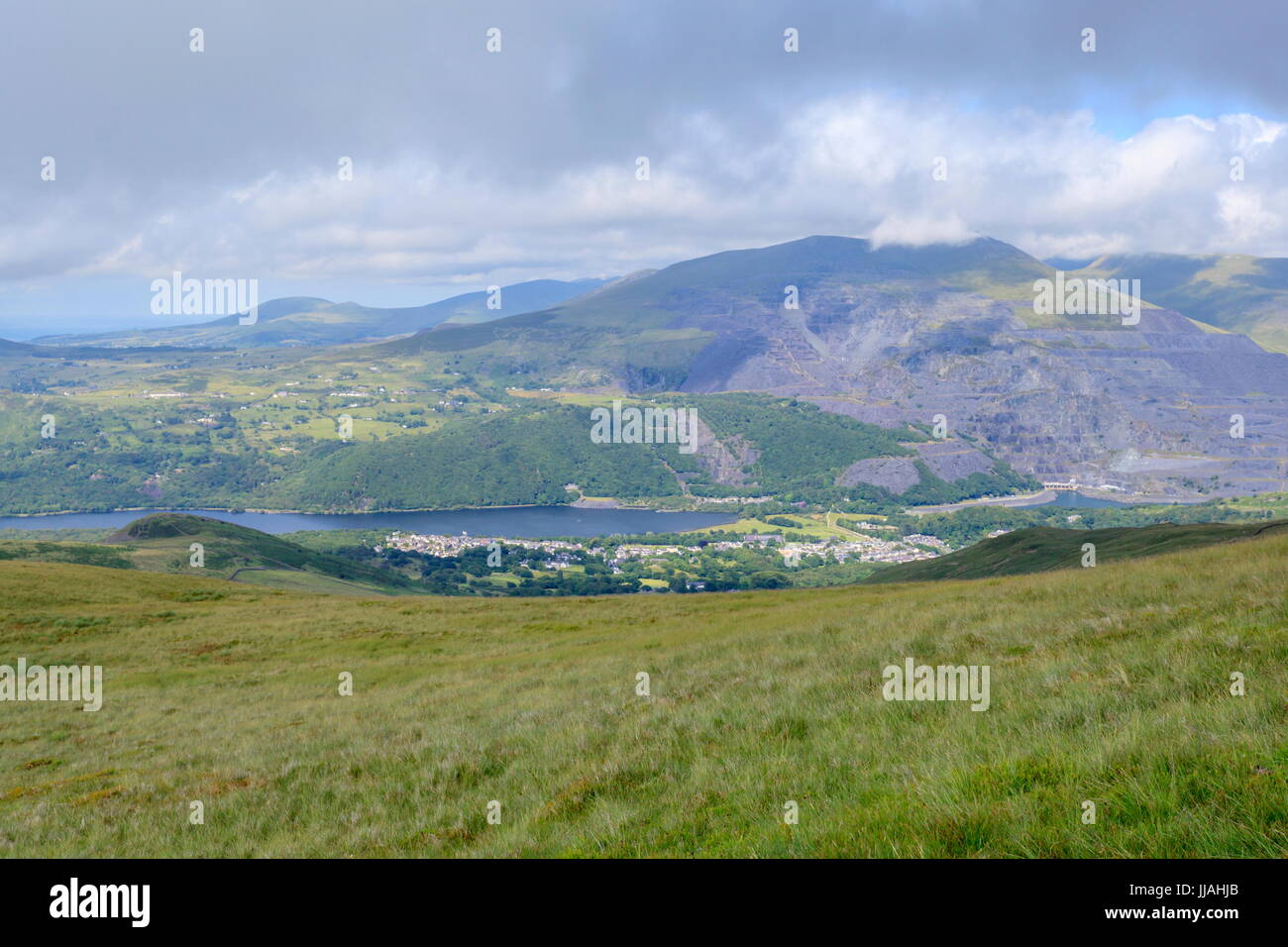 A cloud covered Elidir Fawr stands above Dinorwic slate quarry and ...
