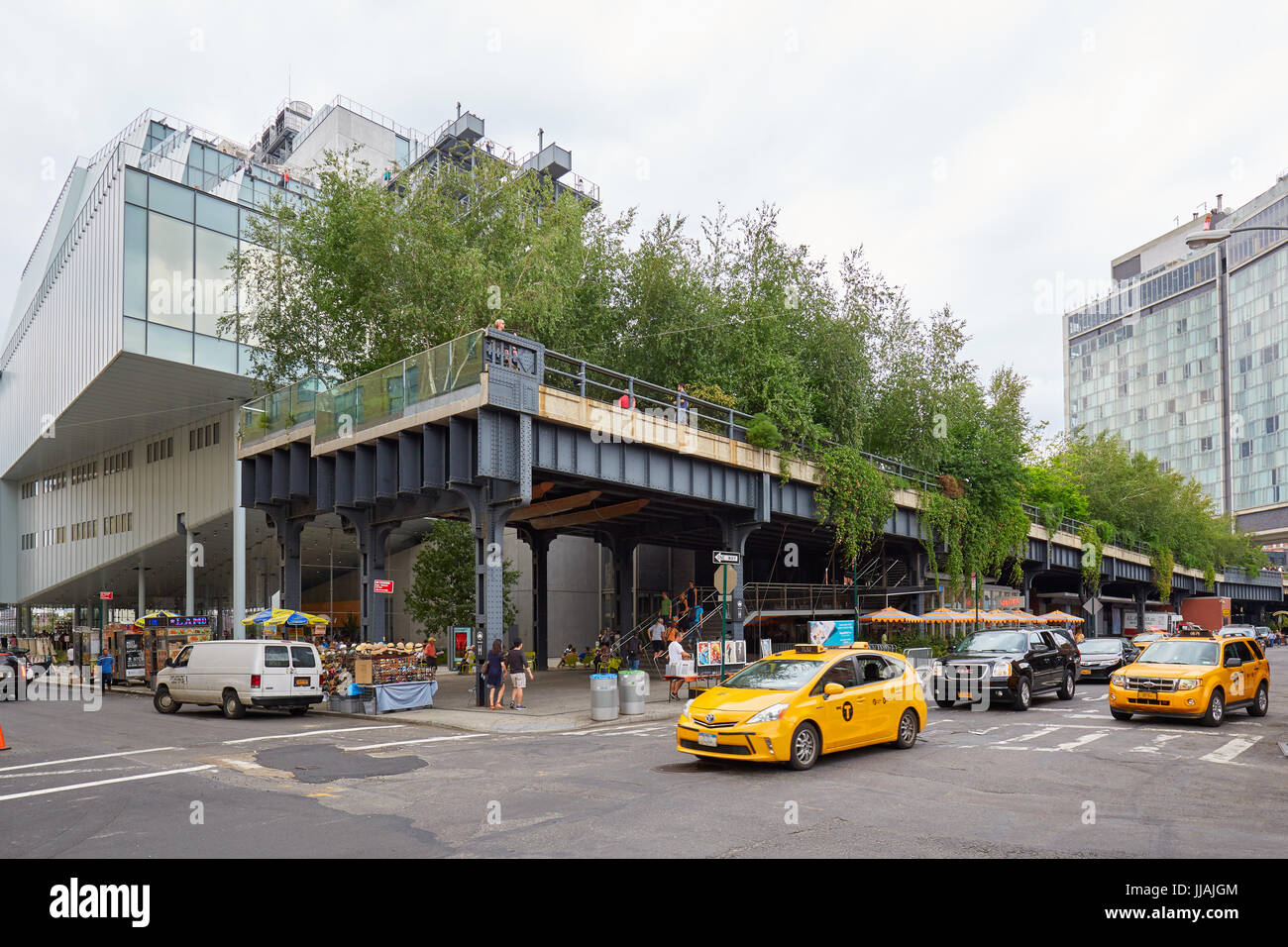 High Line with trees and vegetation view from the street in New York ...