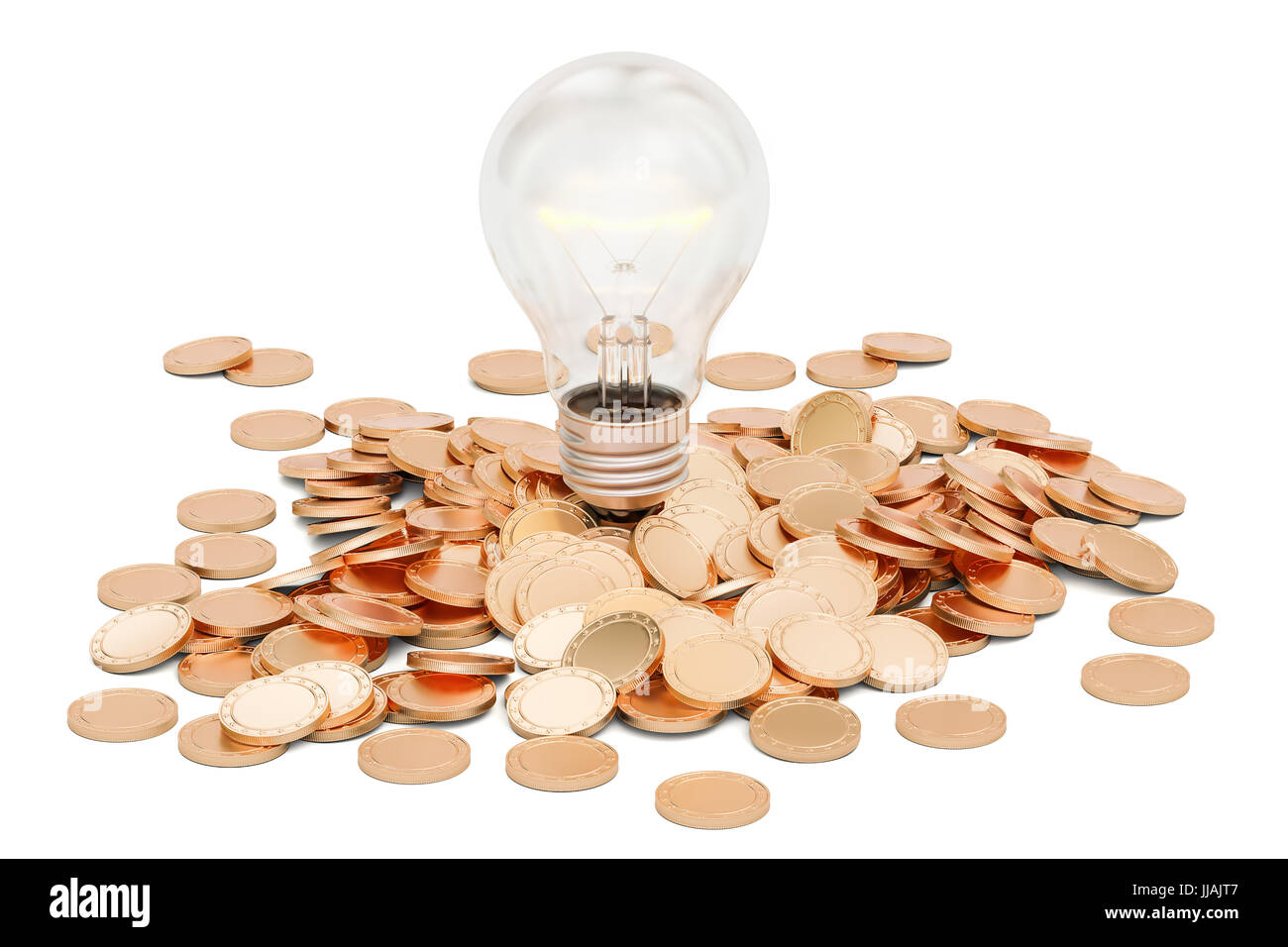 Lightbulb with heap of golden coins, 3D rendering isolated on white ...