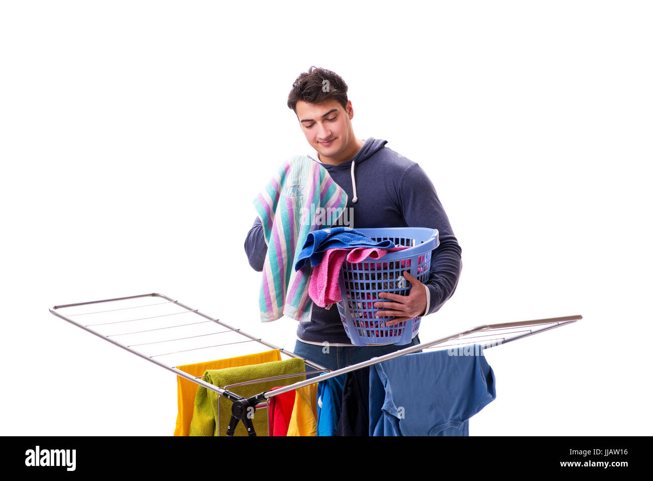 Husband man doing laundry isolated on white Stock Photo - Alamy