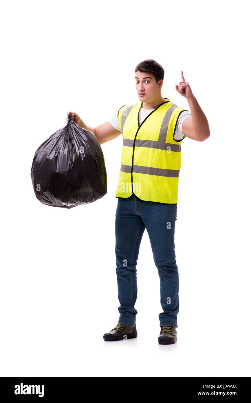 Man with garbage sack isolated on white Stock Photo - Alamy