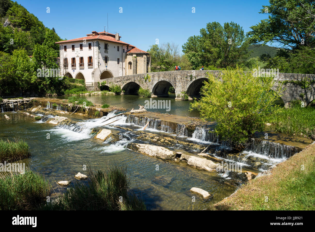 medieval bridge over river Ulzama,Villava, Spain, Basque country ...