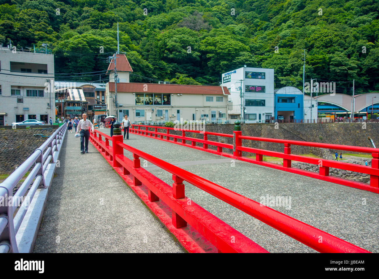 HAKONE, JAPAN - JULY 02, 2017: Red bridge over the river at Odawara ...