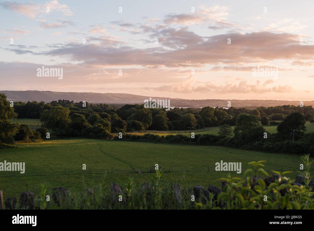Sunset over the Somerset countryside, England, UK. View from Folly Farm ...