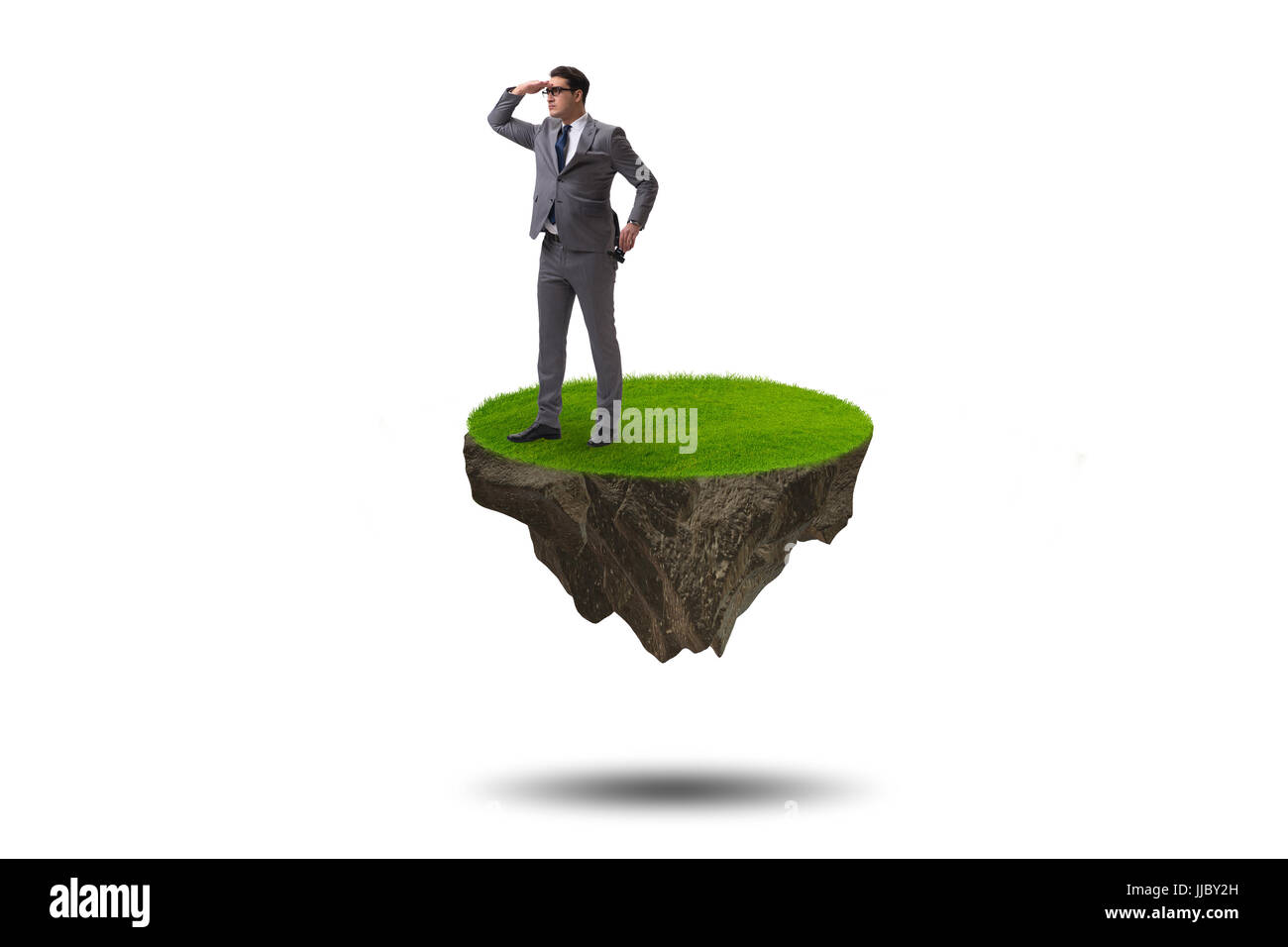 Businessman on flying island looking into future Stock Photo - Alamy