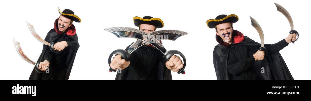 Young pirate holding sword isolated on white Stock Photo - Alamy