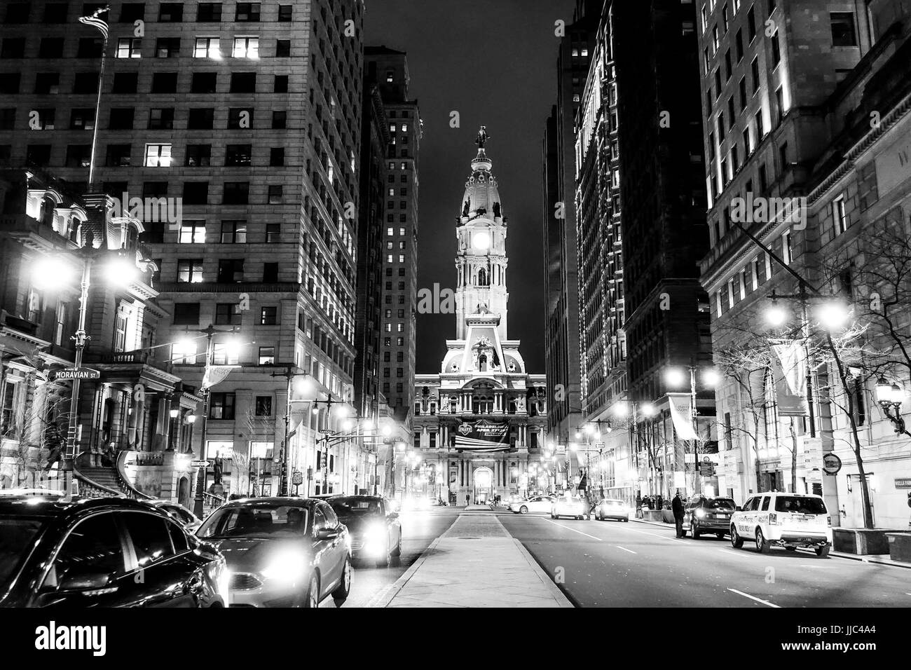 Philadelphia street view at night with city hall - PHILADELPHIA ...
